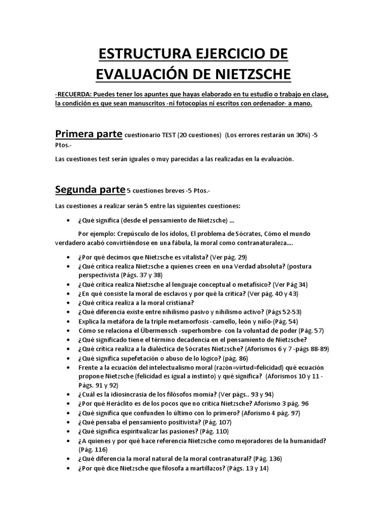 Ejercicio de Evaluación sobre Nietzsche | PDF | Friedrich Nietzsche ...