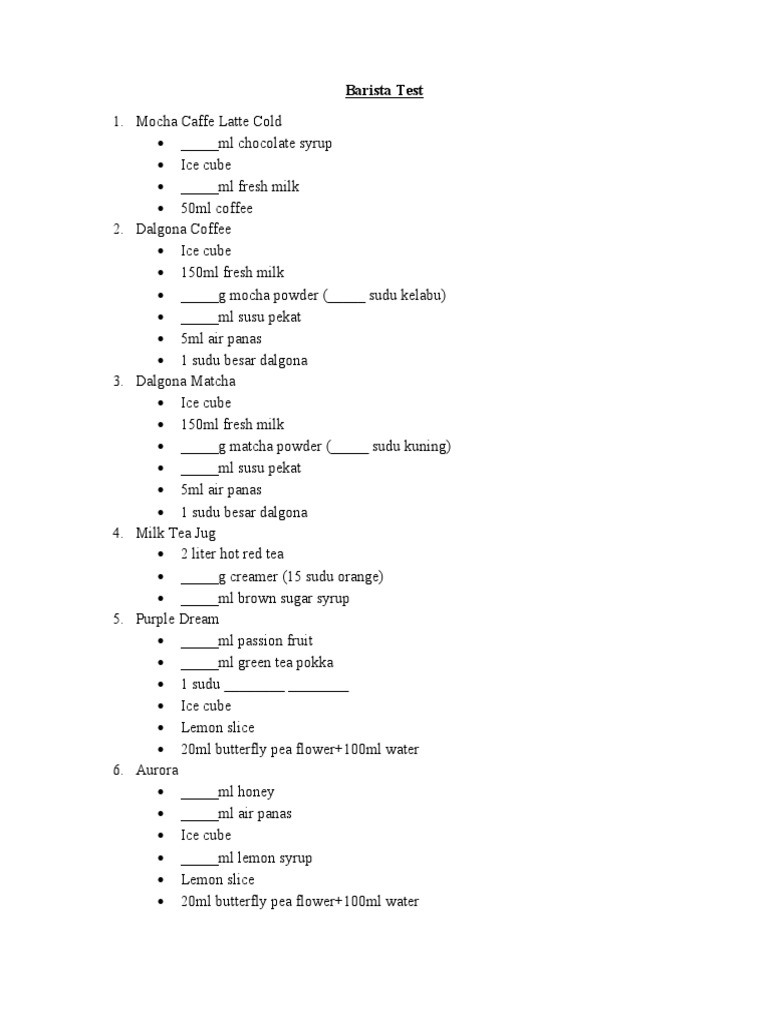 Barista Test | PDF | Foods | Food And Drink