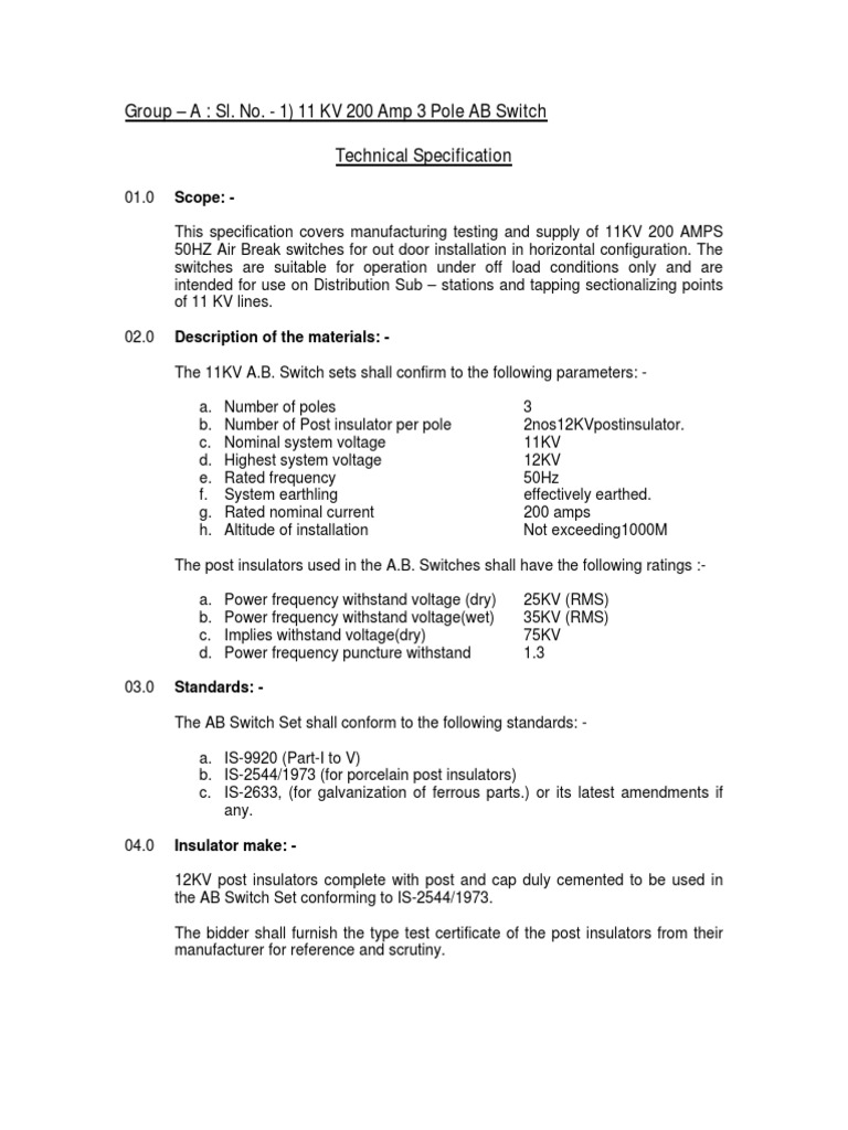 11KV 200A 3-Pole AB Switch Specs | PDF | Insulator (Electricity) | Switch