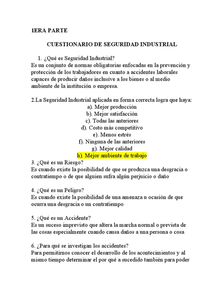 Cuestionario sobre Seguridad Industrial | PDF