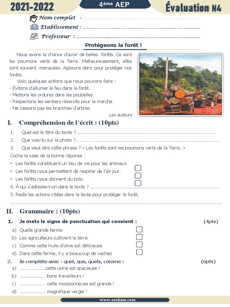 4eme Evaluation Francais 4eme Aep 2022 | PDF | Linguistique | Langues