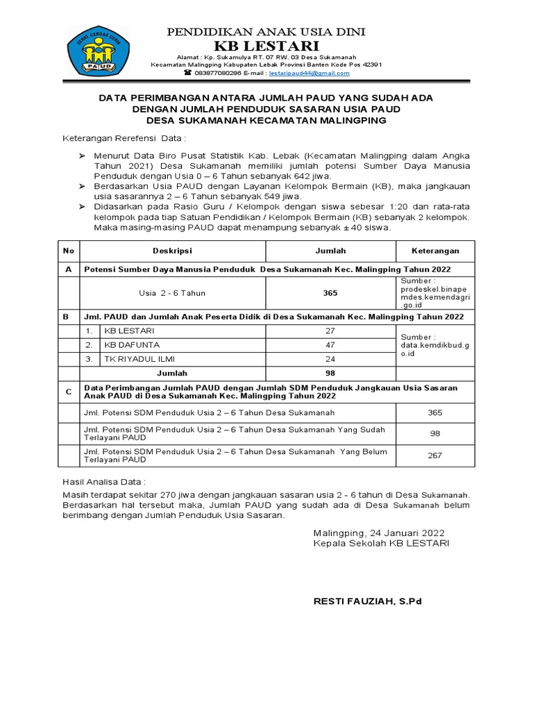 10 - DATA PERIMBANGAN PAUD DENGAN JUMLAH PENDUDUK - Lestari | PDF