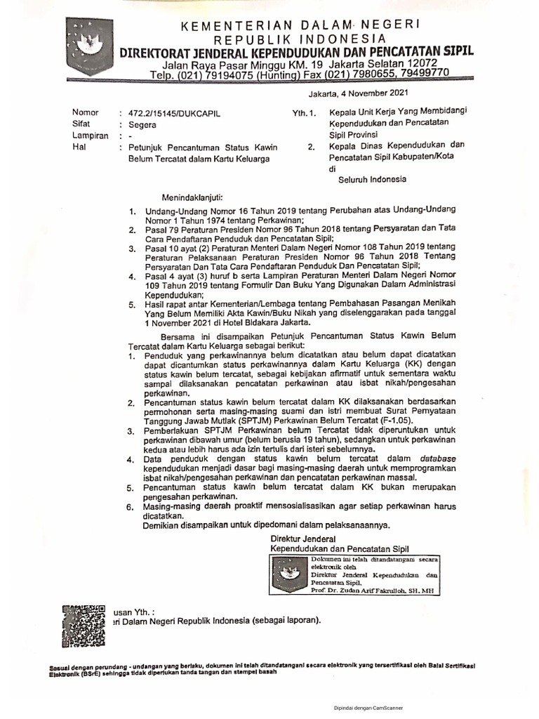 SE Dirjen Dukcapil Pencatatan Status Kawin | PDF