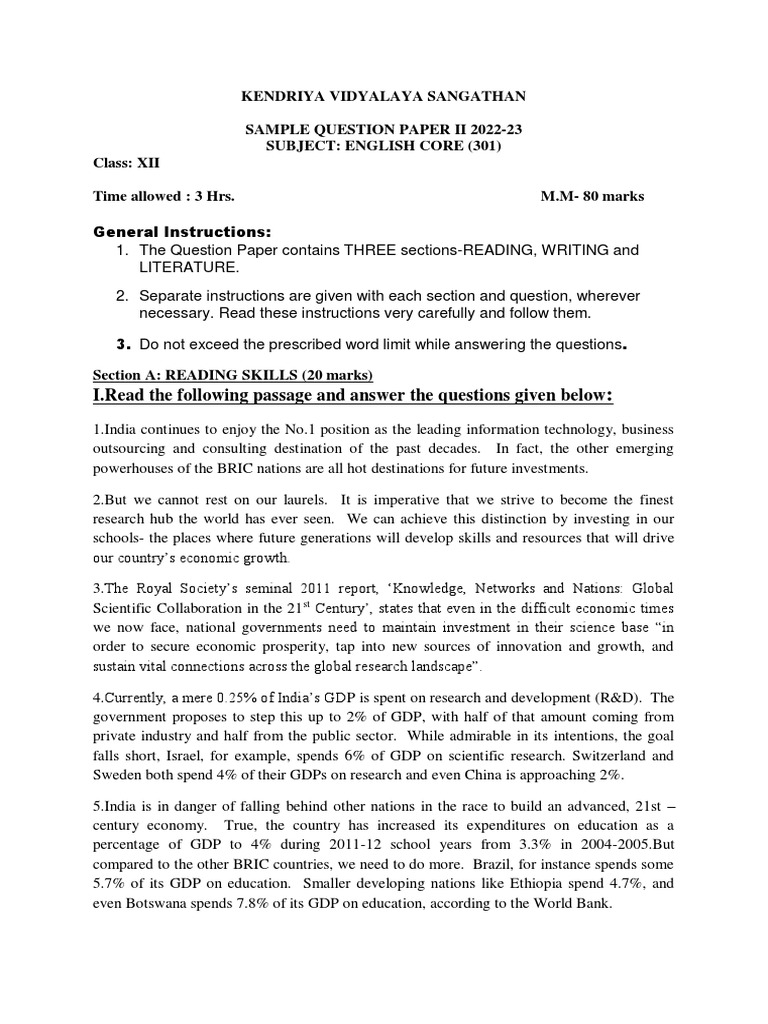 Sample Question Paper, English Core 12th, Set-2, 2022-23 | Download Free PDF | Literacy ...