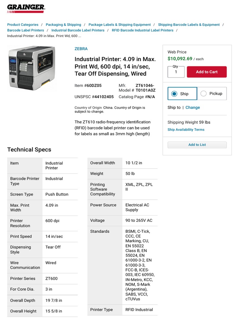 ZEBRA Industrial Printer - 4.09 in Max. Print WD, 600 Dpi, 14 in - Sec, Tear Off Dispensing ...