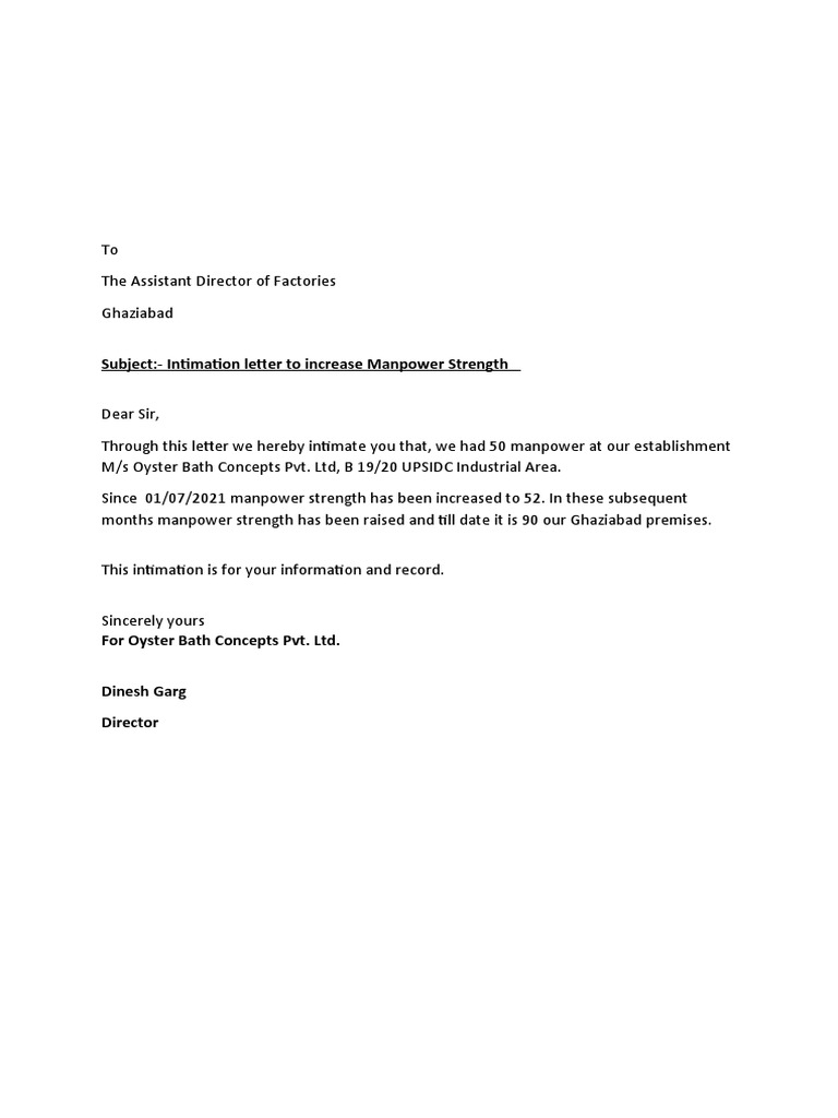 Intimation Letter To Increase Manpower Strength | PDF