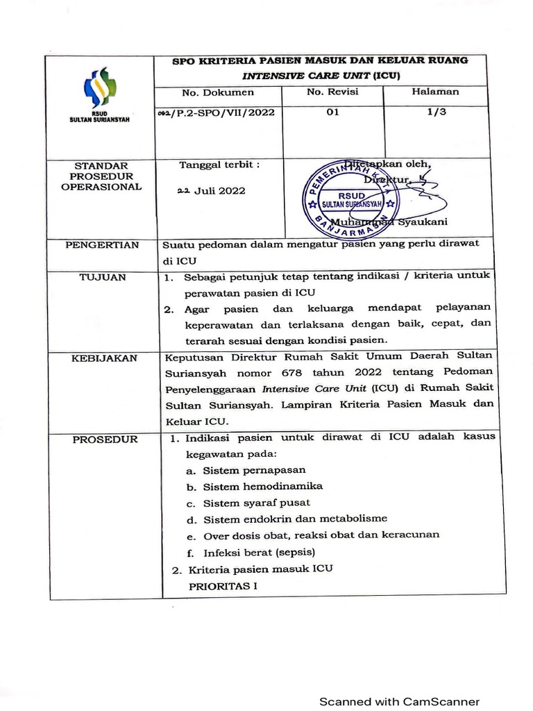 Spo Kriteria Pasien Masuk Dan Keluar Ruang Icu Pdf
