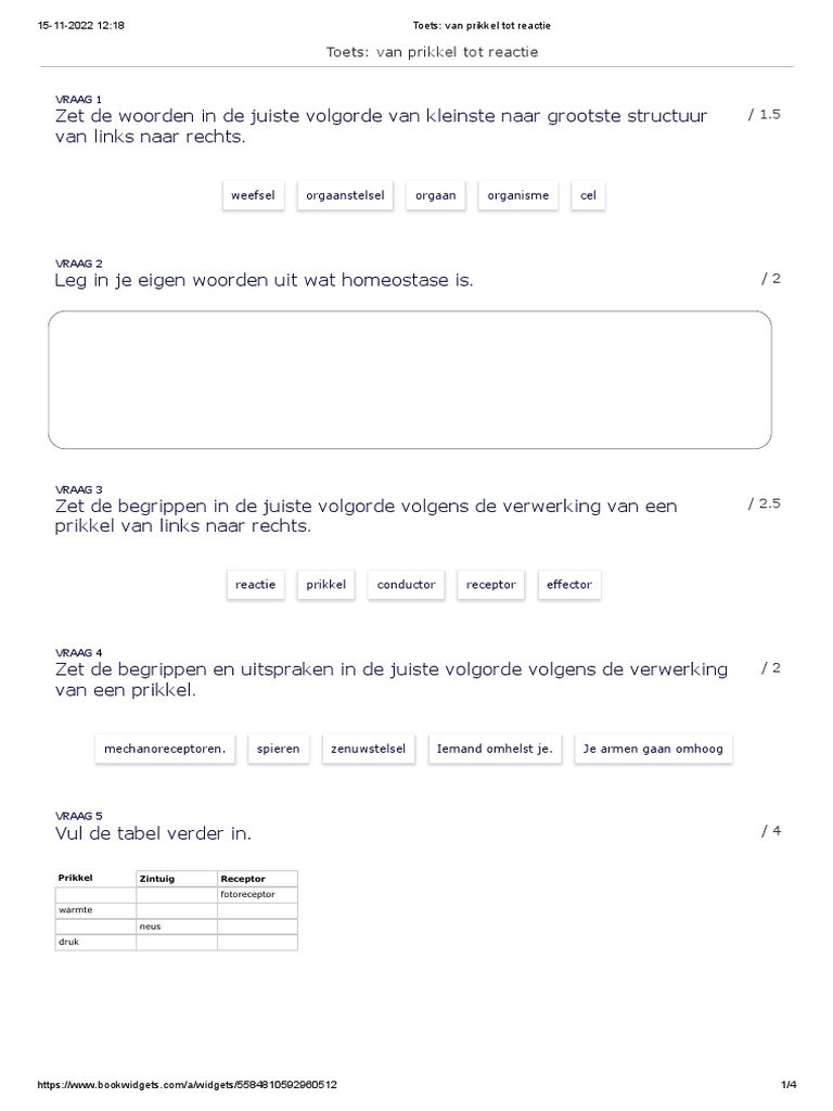 Toets - Van Prikkel Tot Reactie | PDF