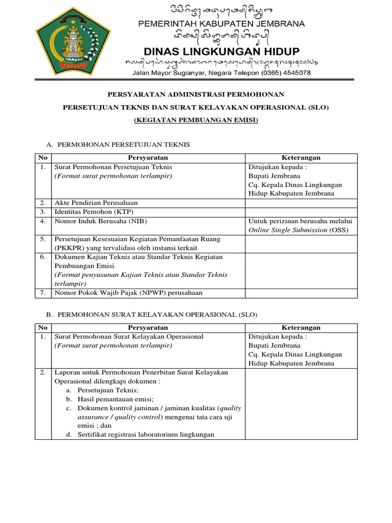 Persyaratan Administrasi Pernan Pertek Dan SLO EMISI | PDF