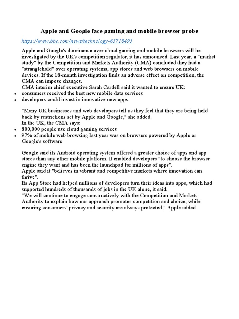 Apple and Google Face Gaming and Mobile Browser Probe | PDF
