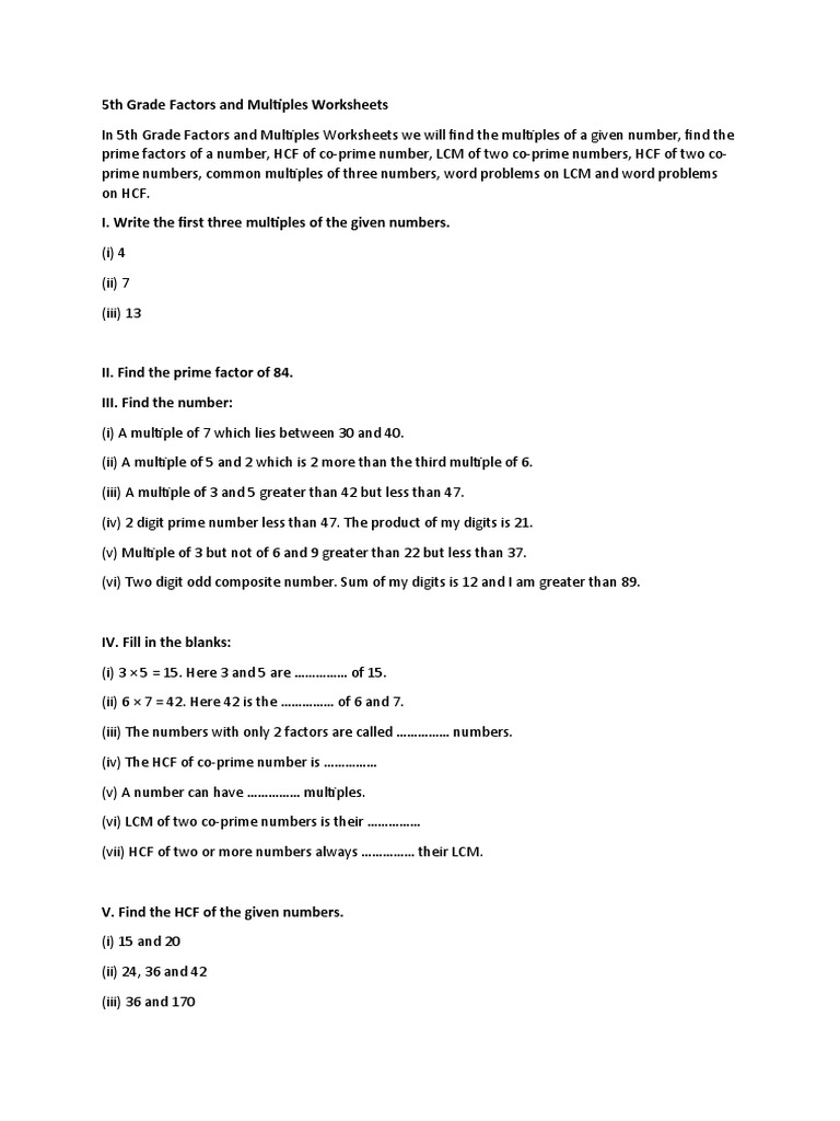 5th Grade Factors and Multiples Worksheets | PDF | Numbers | Elementary ...