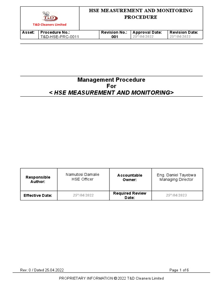 T&D-HSE-PRC-0011 HSE Measurement and Monitoring Procedure | PDF | Audit ...