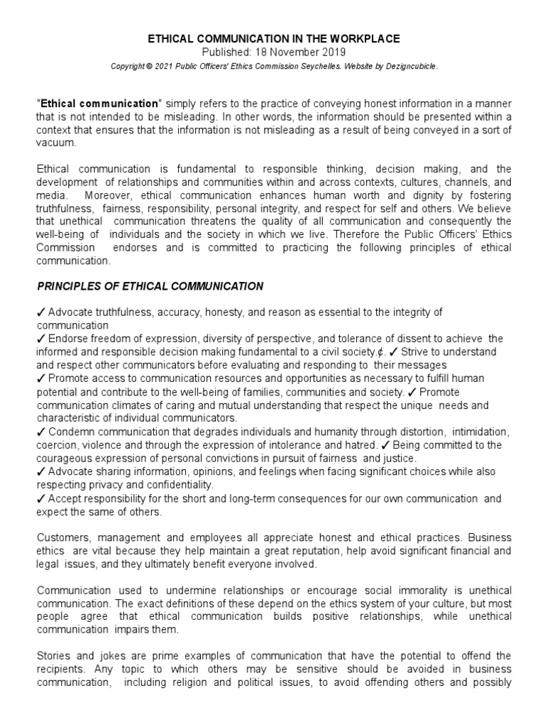 Ethical Communication in The Workplace | PDF | Communication | Integrity