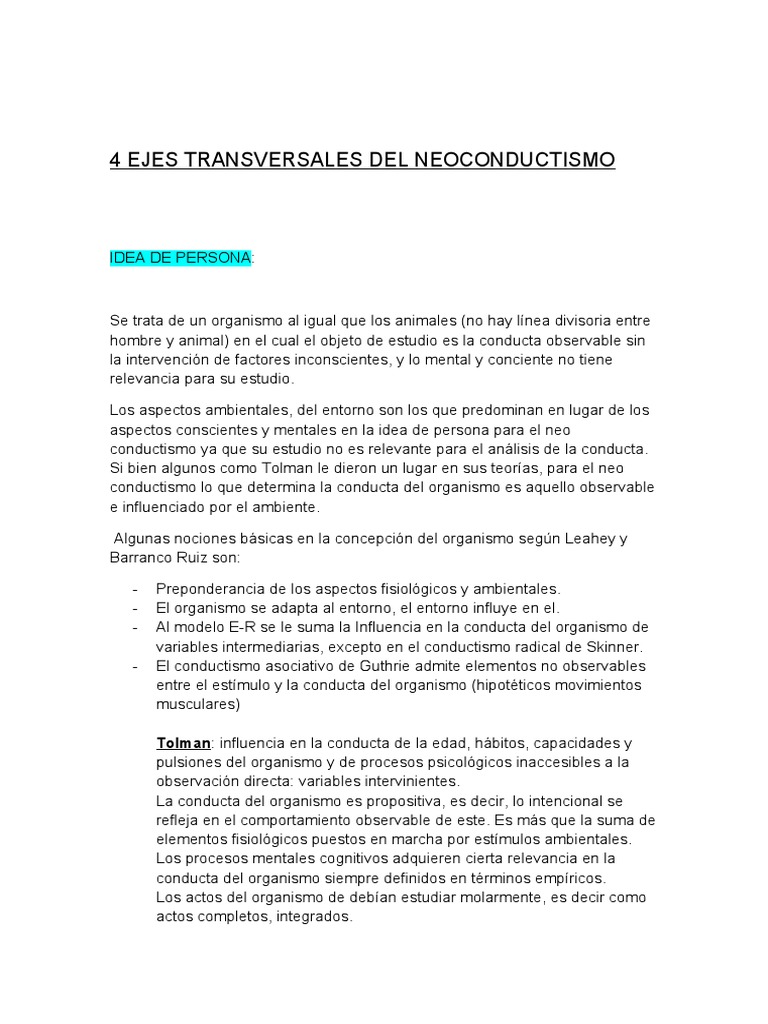 4 Ejes Transversales Del Neoconductismo | PDF | Behaviorismo | Sicología