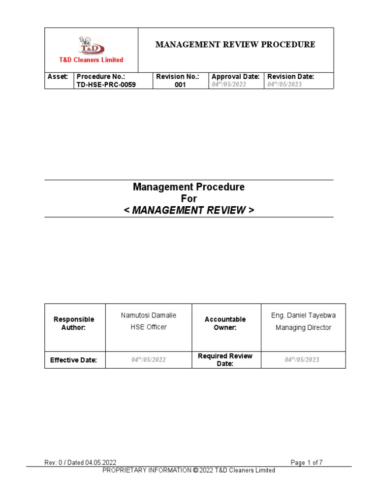 T&D-HSE-PRC-0059 Management Review | PDF | Audit | Employment