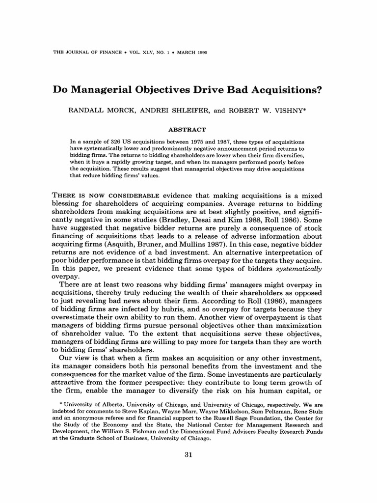 Morck Et Al - 1990 - Do Managerial Objectives Drive Bad Acquisitions | PDF