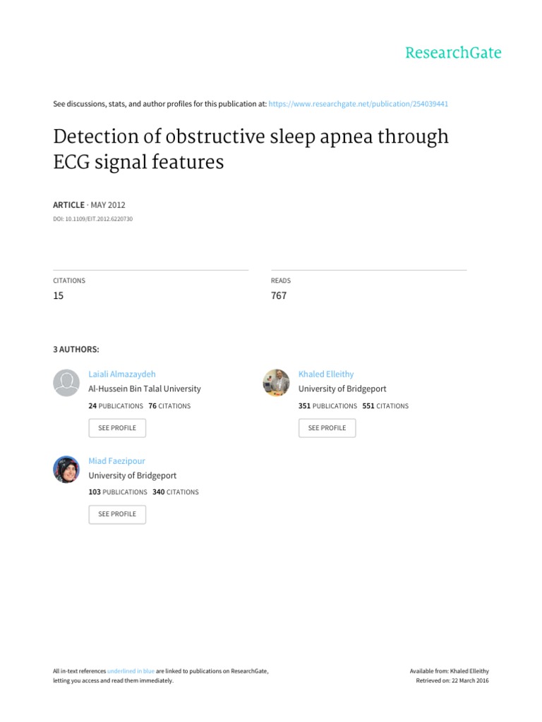 Detection Obstructive Sleep Apnea Through Ecg Signal Features Pdf