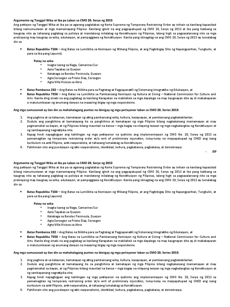 Argumento NG Tanggol Wika at Iba Pa Laban Sa CMO 20 | PDF