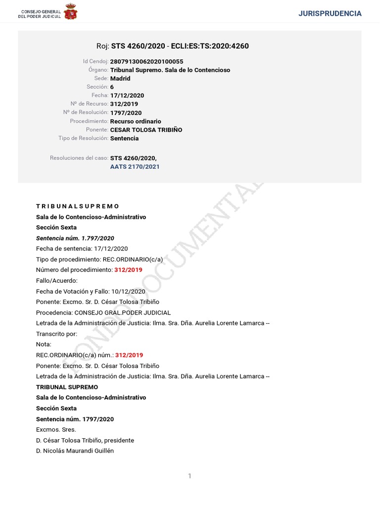 Roj: STS 4260/2020 - ECLI:ES:TS:2020:4260 | PDF | Caso de ley | Jurisdicción