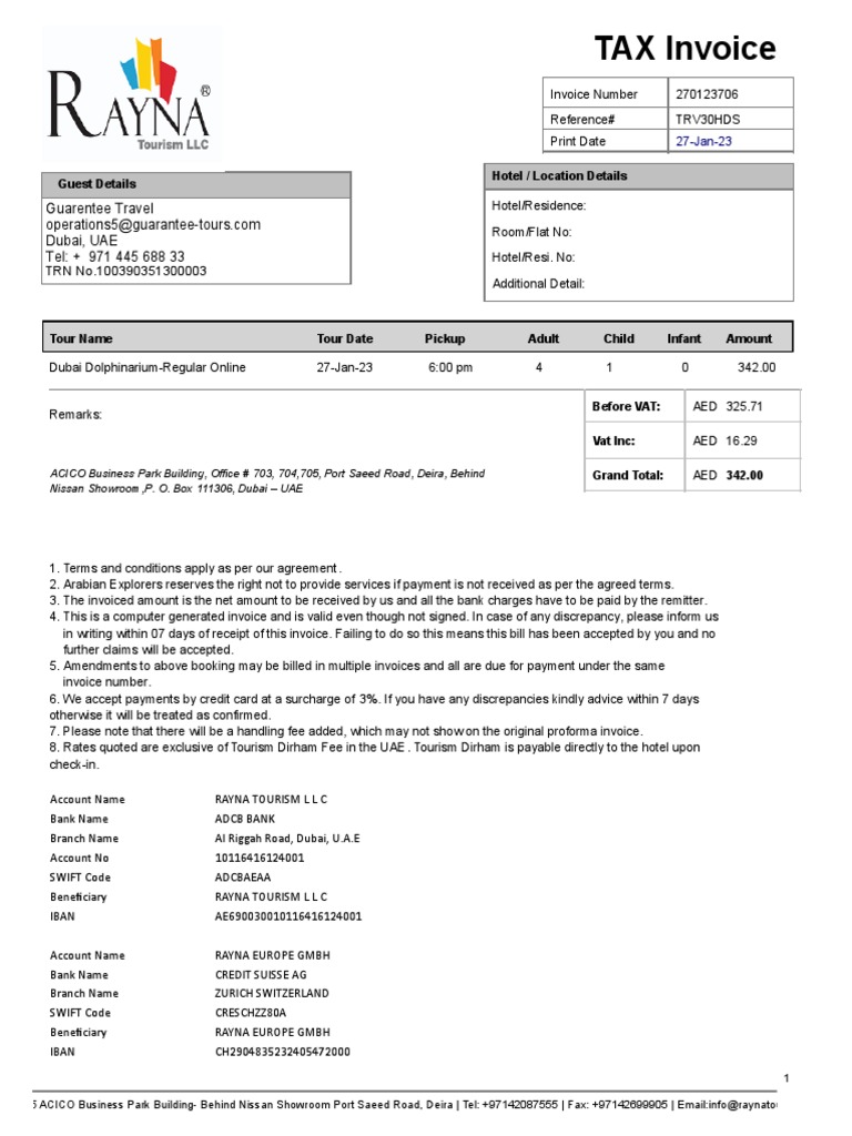 TAX Invoice: Guarentee Travel Dubai, UAE Tel: + 971 445 688 33 ...
