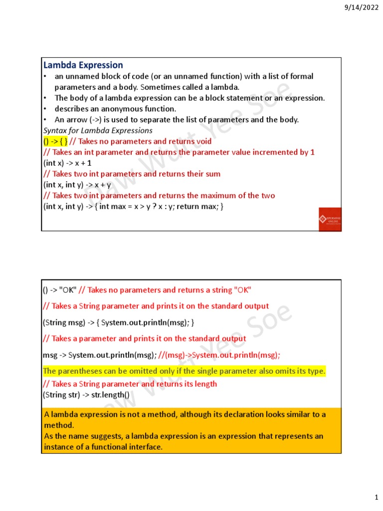 Lambda Expr | PDF | Anonymous Function | Parameter (Computer Programming) Lambda Expr | PDF | Anonymous Function | Parameter (Computer Programming)