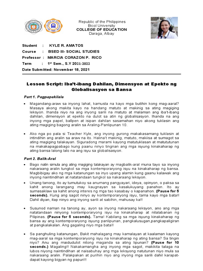 Lesson Script (Globalisasyon Amatos) | PDF