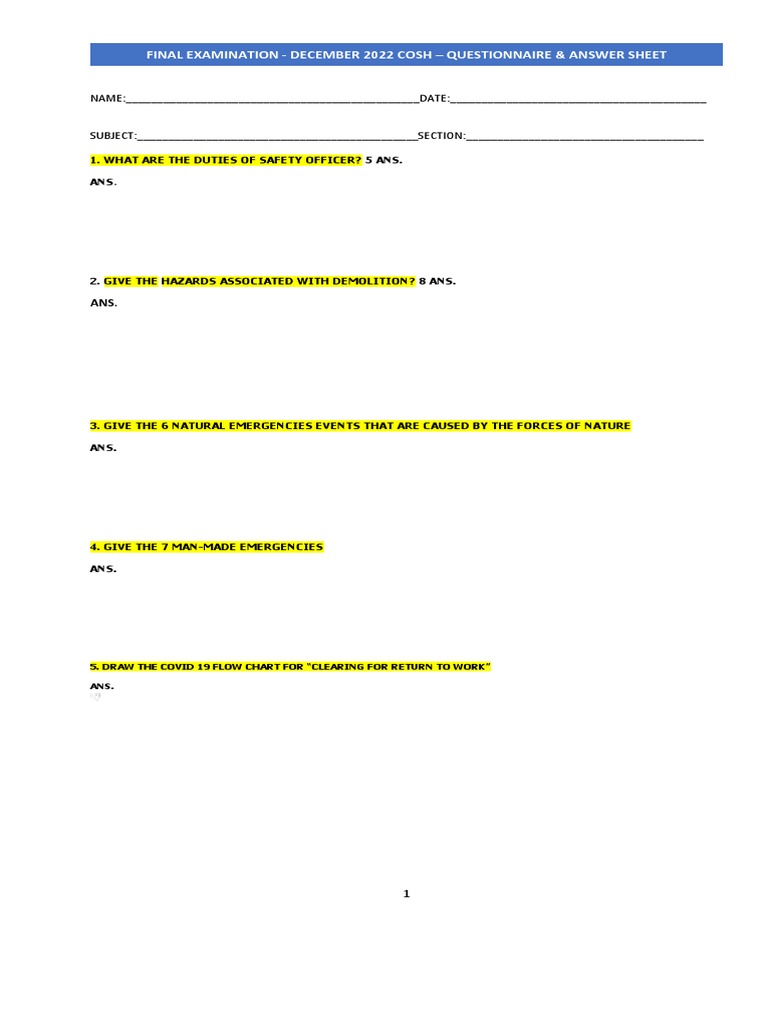 COSH Exam Reviewer with Answers 2022 | PDF | Occupational Safety And ...
