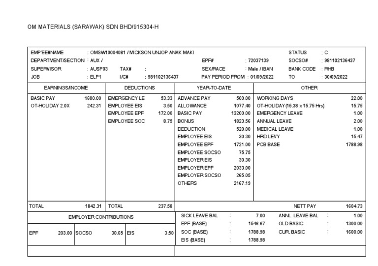 PayslipYTD 202209 | PDF | Economies | Taxes