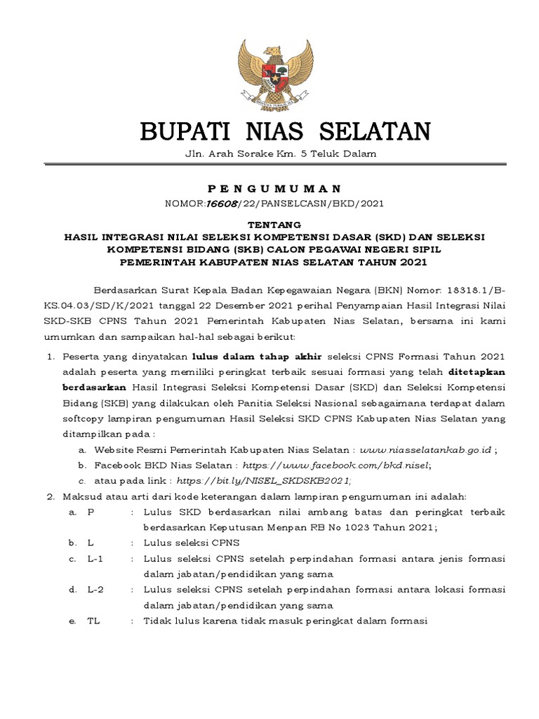 Nias Selatan - Pengumuman Hasil Integrasi Nilai SKD SKB 2021 | PDF
