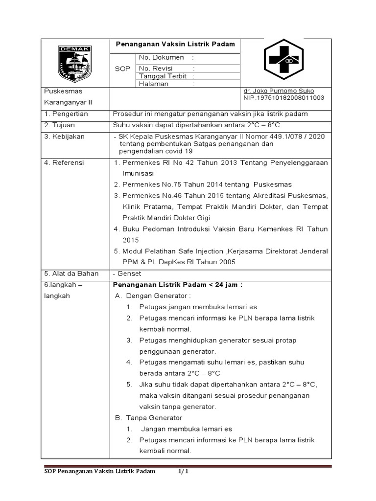 Sop Tanggap Darurat (Penanganan Vaksin Listrik Padam) | PDF