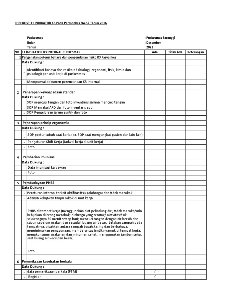 Cheklist 11 Indikator K3 Puskesmas | PDF