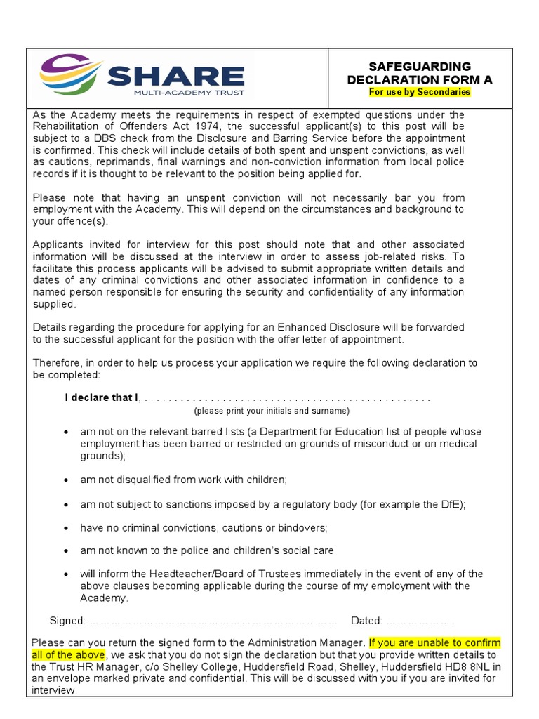 Safeguarding Declaration A (For Use by Secondaries) | PDF | Criminal ...