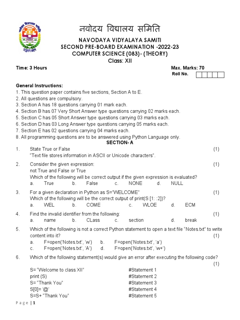 Xii Preboard Ii Computer Science Jan 2023 Pdf Parameter Computer Programming Text File