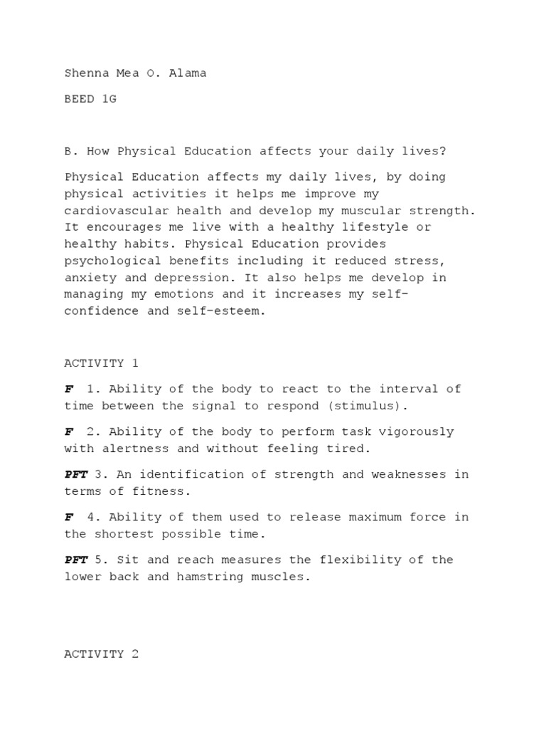 Pe 1 (Activities and Midterm Exam) | PDF | Physical Fitness | Aerobic Exercise