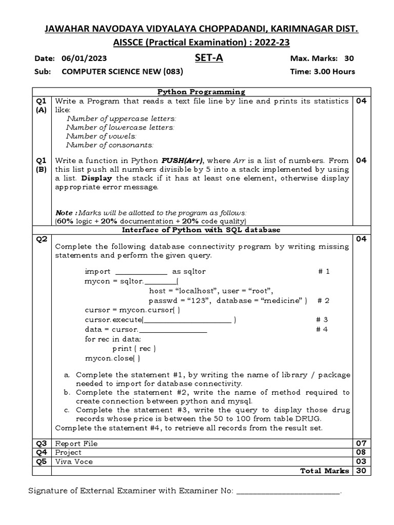 AISSCE Practical 2023 QP CS SET-A | PDF | Databases | Python ... AISSCE Practical 2023 QP CS SET-A | PDF | Databases | Python ...