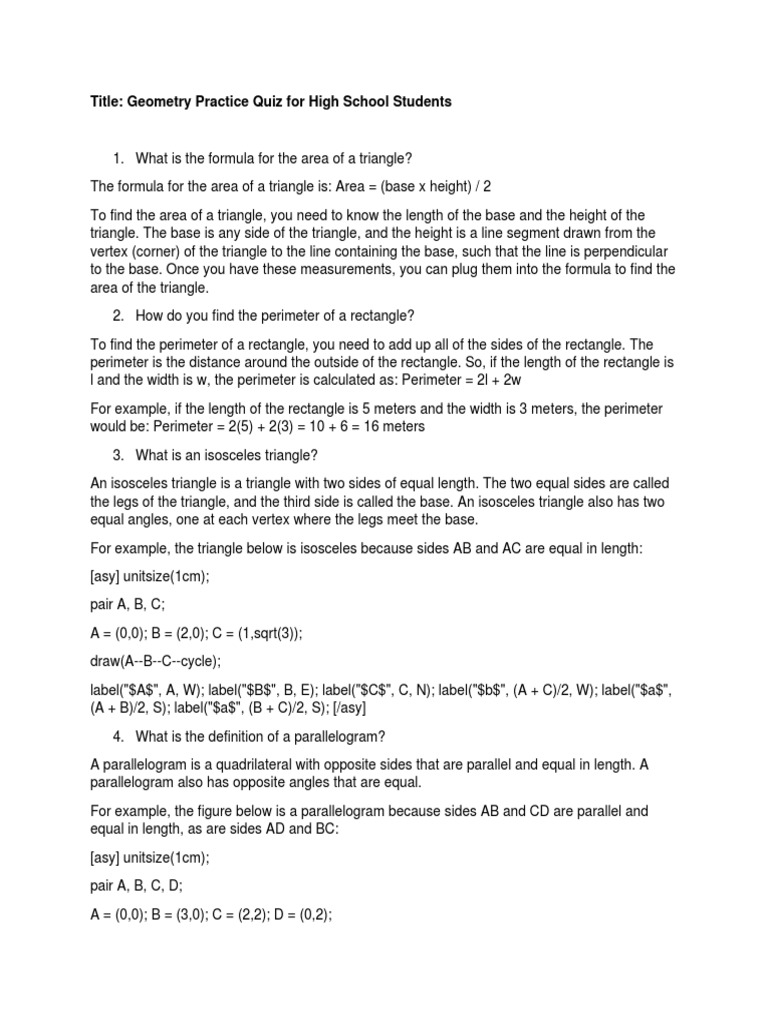 Geometry Practice Quiz For High School Students | PDF | Triangle ...