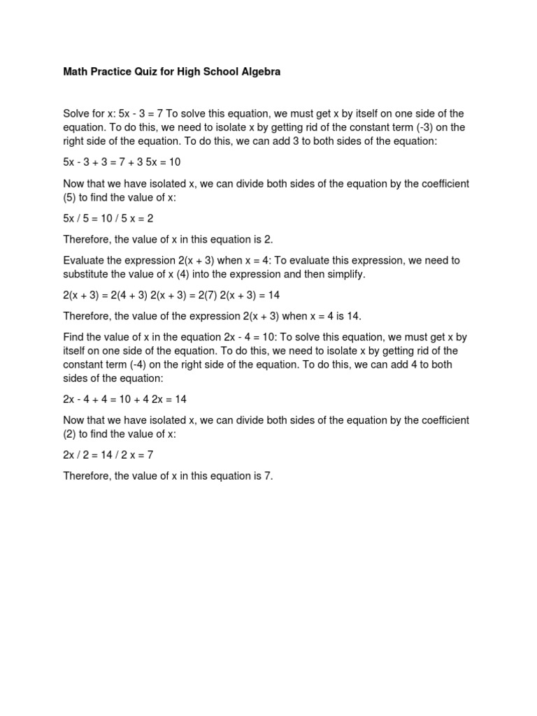 Math Practice Quiz For High School Algebra | PDF