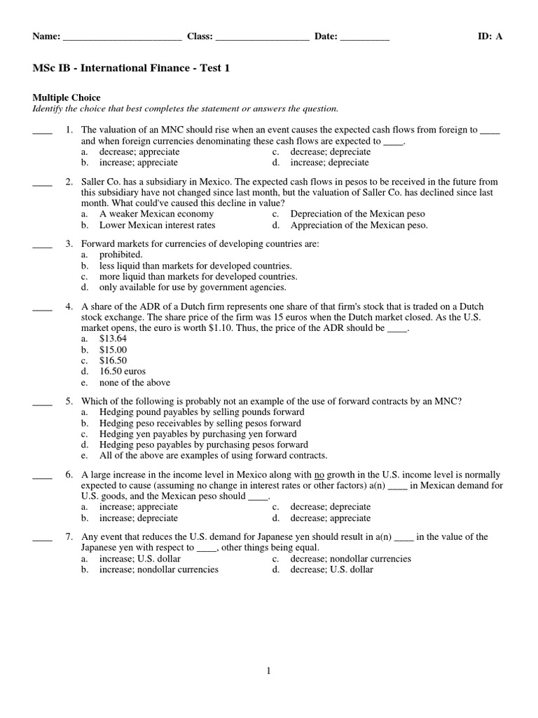 International Finance Test Questions | PDF | Option (Finance) | Put Option