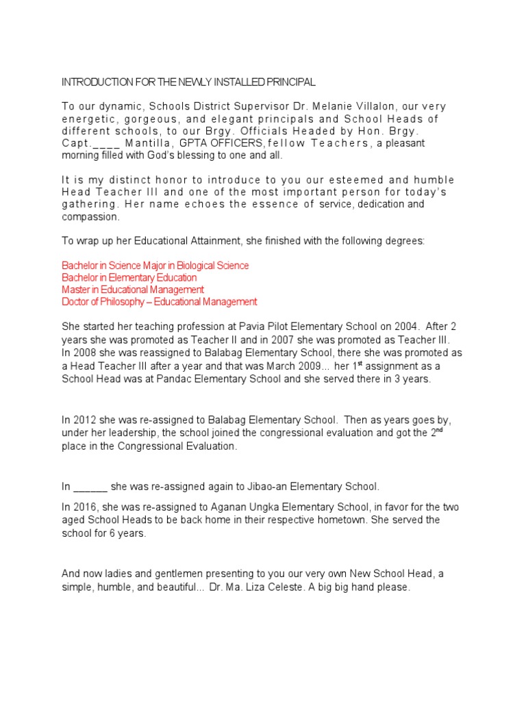 Introduction For The Newly Installed Principal | PDF