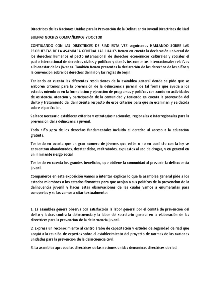 Directrices de Las Naciones Unidas para La Prevención de La Delincuencia Juvenil Directrices de ...