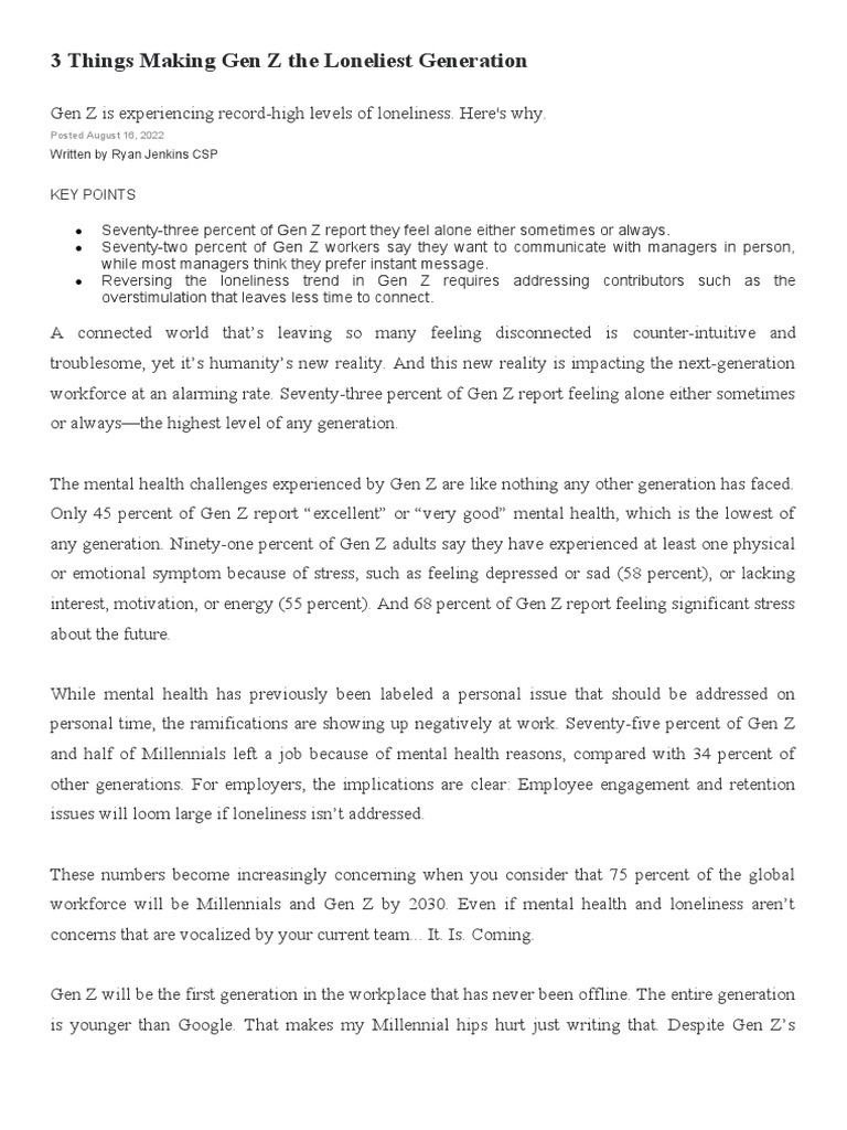 3 Things Making Gen Z The Loneliest Generation | PDF | Loneliness ...