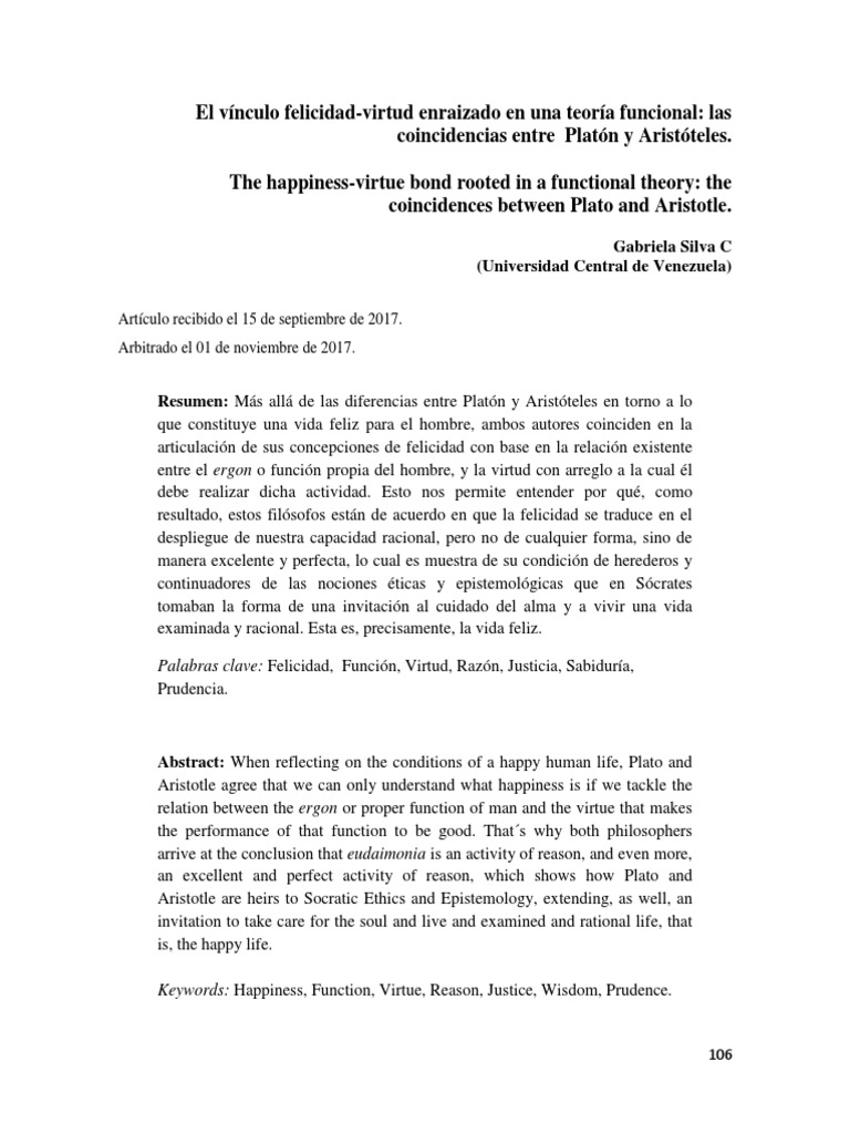 Felicidad y Virtud en Platón y Aristóteles. Gabriela Silva | PDF