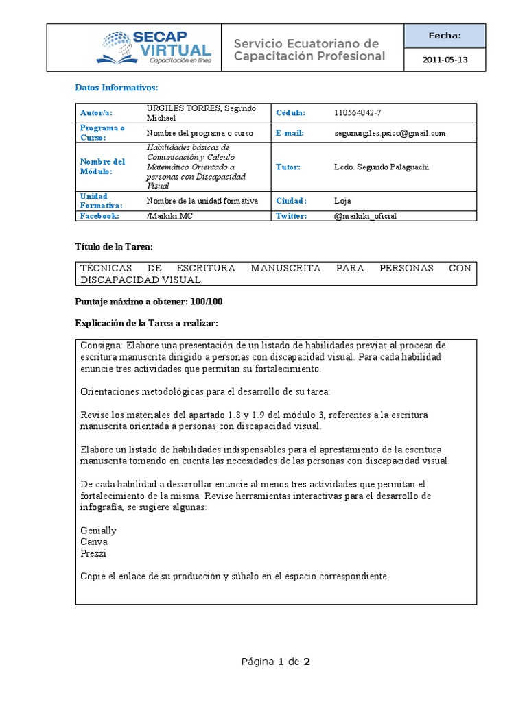 Trabajo 5 - Secap Virtual | PDF | Discapacidad visual | Cognición