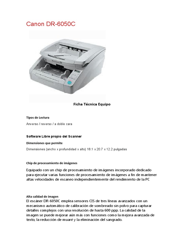 Escáner Canon DR-6050C: Especificaciones y Funciones | PDF