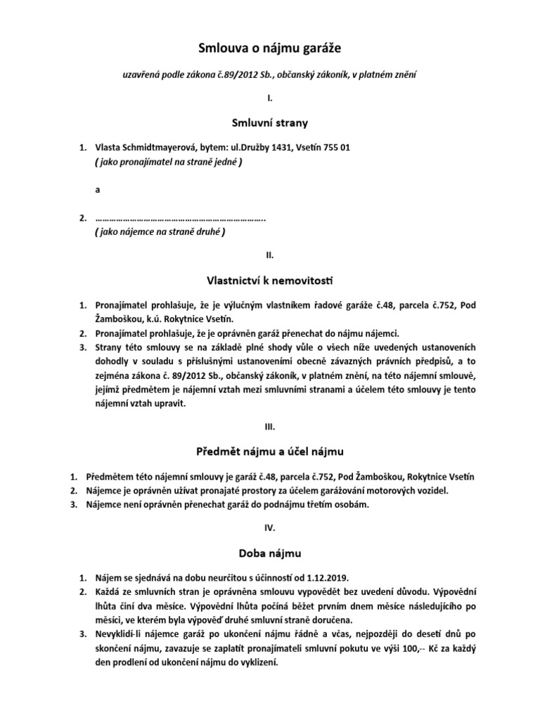 Smlouva o Nájmu Garáže | PDF