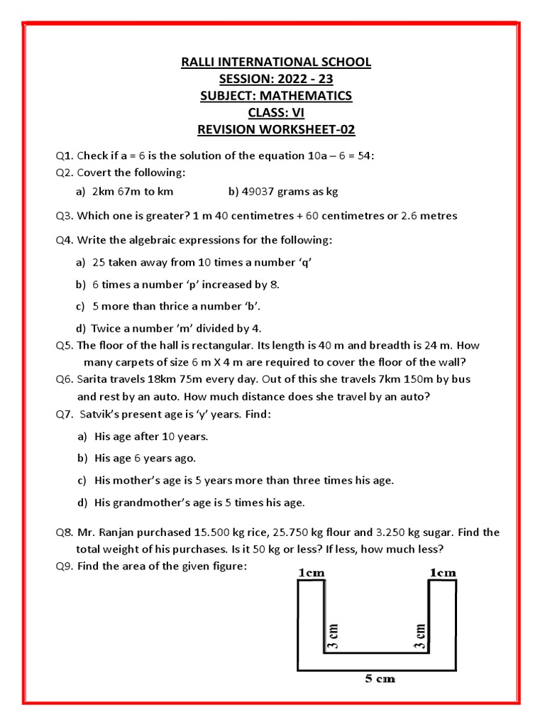 Ralli International School SESSION: 2022 - 23 Subject: Mathematics Class: Vi Revision Worksheet ...
