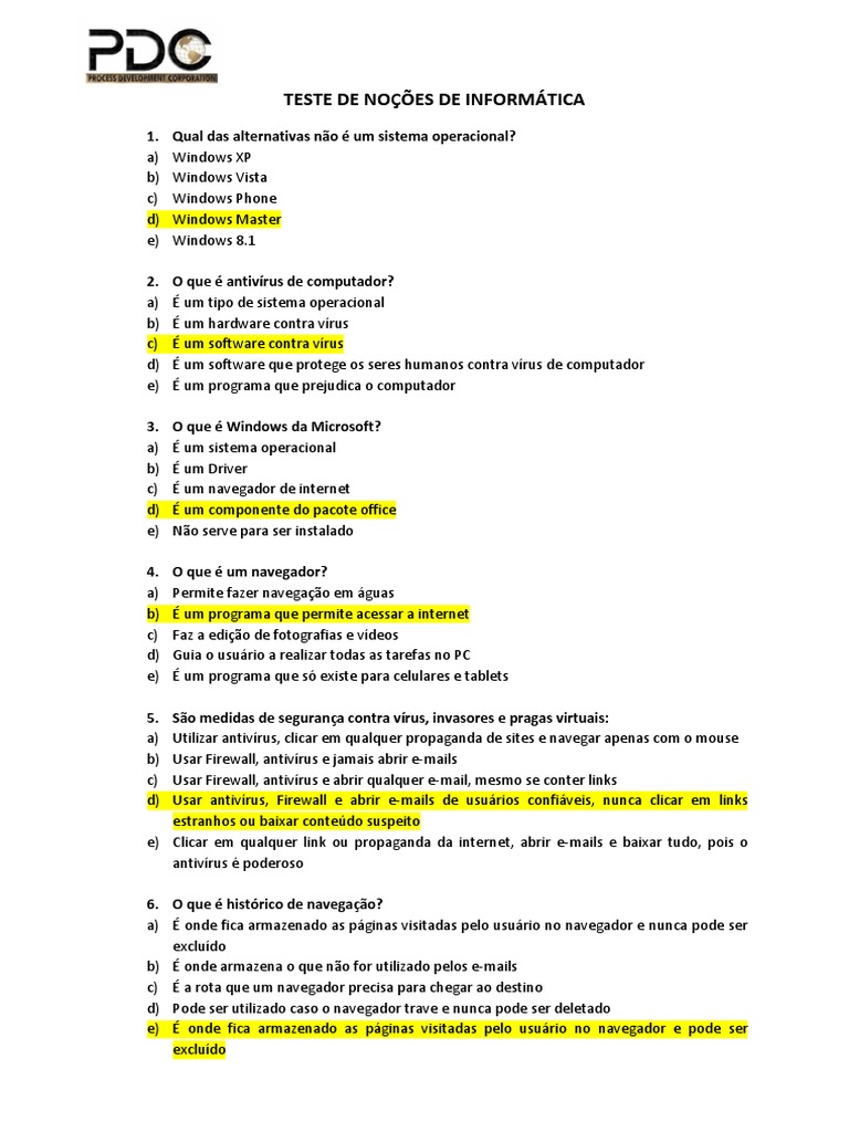 Teste de Noções de Informática Básica | PDF | Vírus de computador ...
