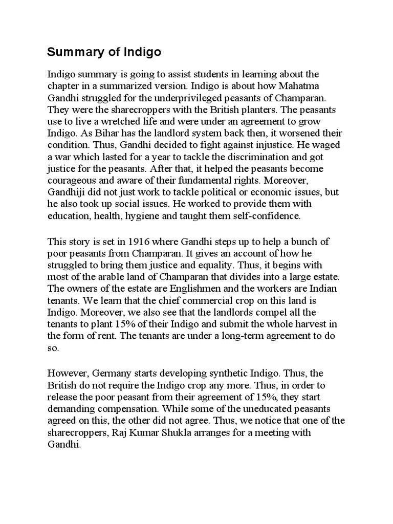 Summary of Indigo | PDF | Mahatma Gandhi | Leasehold Estate