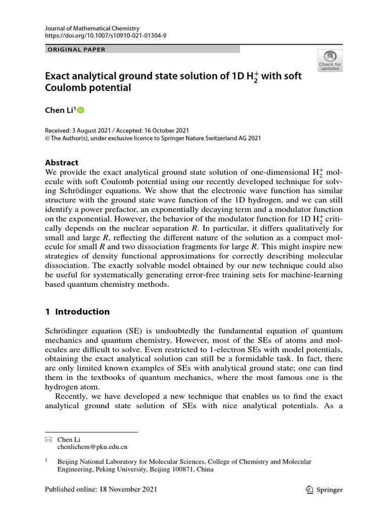 Exact Analytical Ground State Solution of 1D H2+ With Soft Coulomb ...