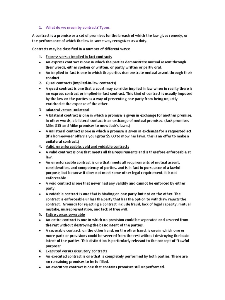 Types of Contracts & Elements of a Valid Contract | PDF | Damages | Offer And Acceptance